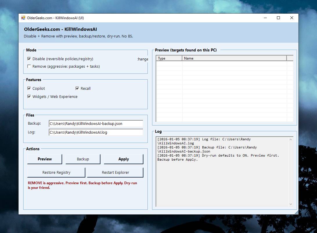 KillWindowsAI v1.0.0 - Free Download - OlderGeeks.com Freeware Downloads